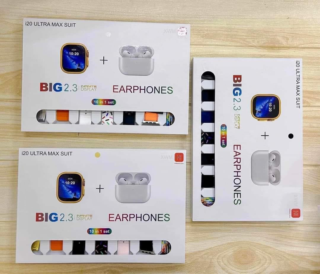 i20 Ultra MAX Suit(10 in 1 Set) SmartWatch + Aiir pods Pro with Transp ...